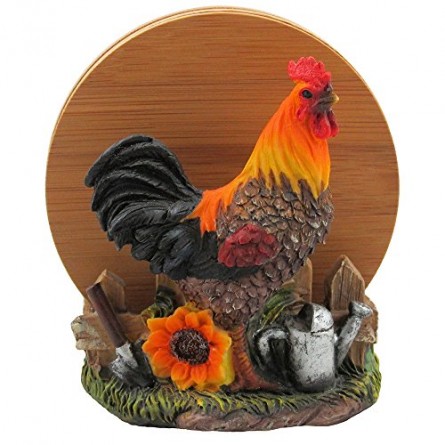 Decorative Farm Rooster Bamboo Drink Coaster Set with Holder Sculpture ...